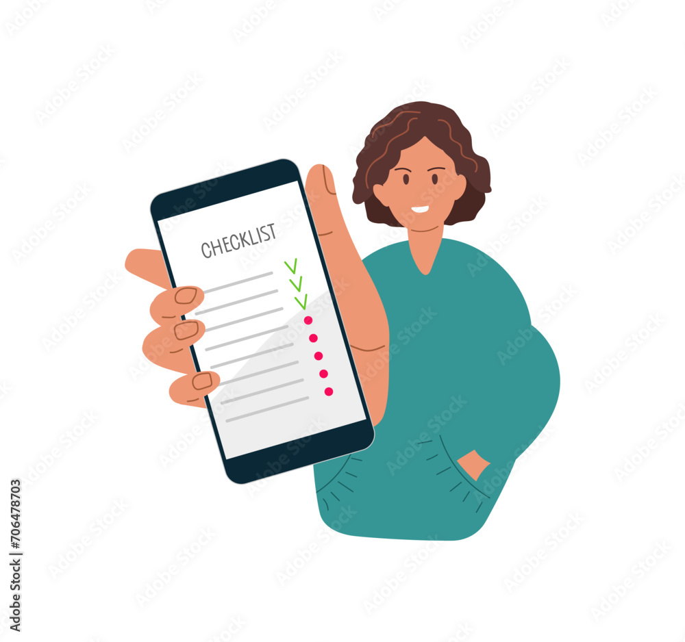 Checklist. Smiling positive girl holding mobile smart phone with ...