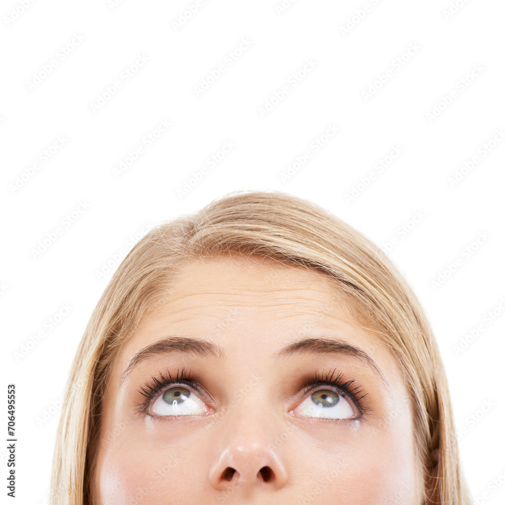 Thinking, eyes and woman in studio looking up at mockup for ...