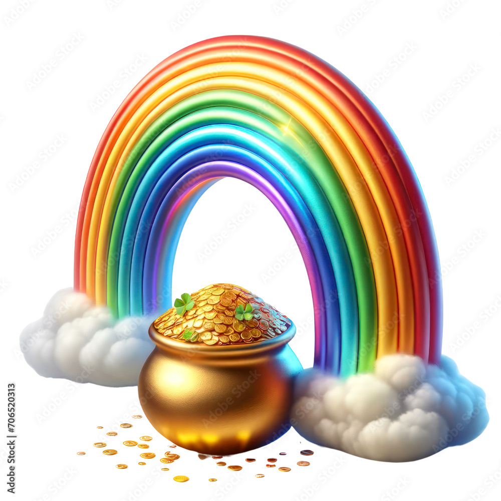 Rainbow with a pot of gold,St patrick's day, 3D style and isolated on a ...
