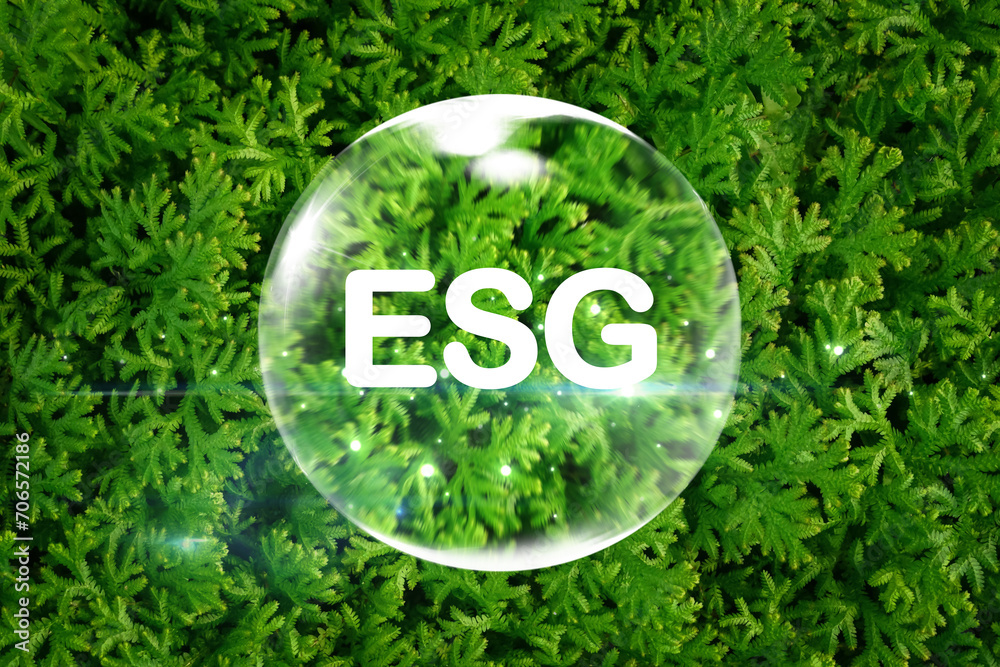 ESG text inside of bubble on green Selaginella fern leaves pattern in ...