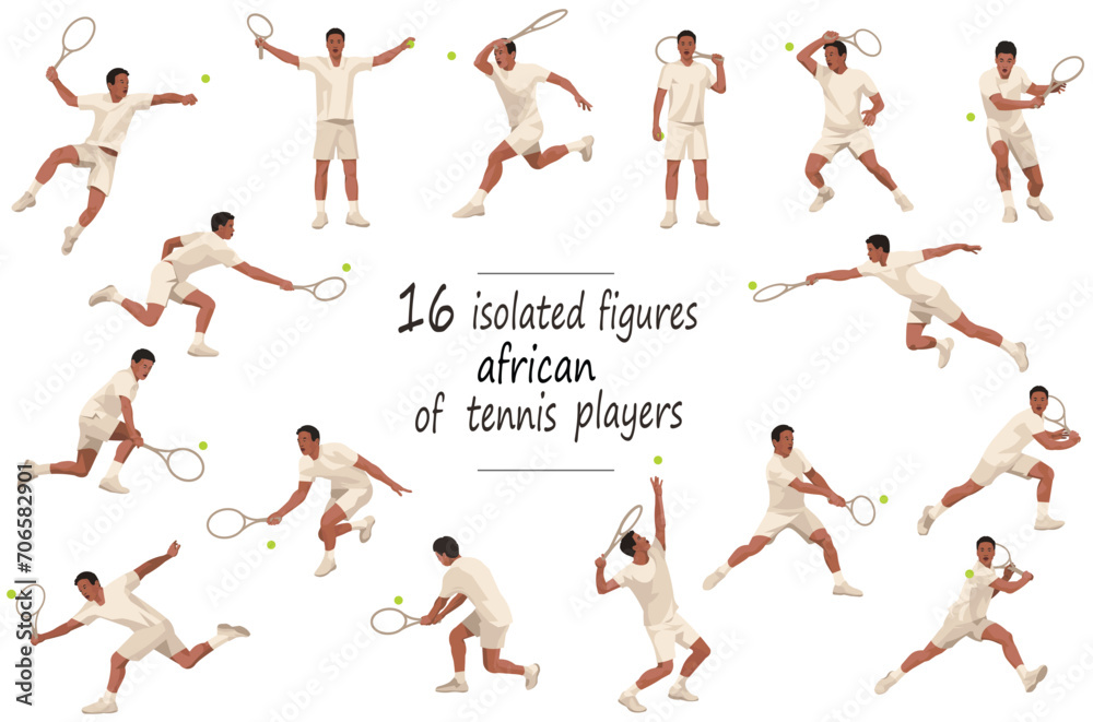 16 figures of black tennis players in classic white equipment in ...