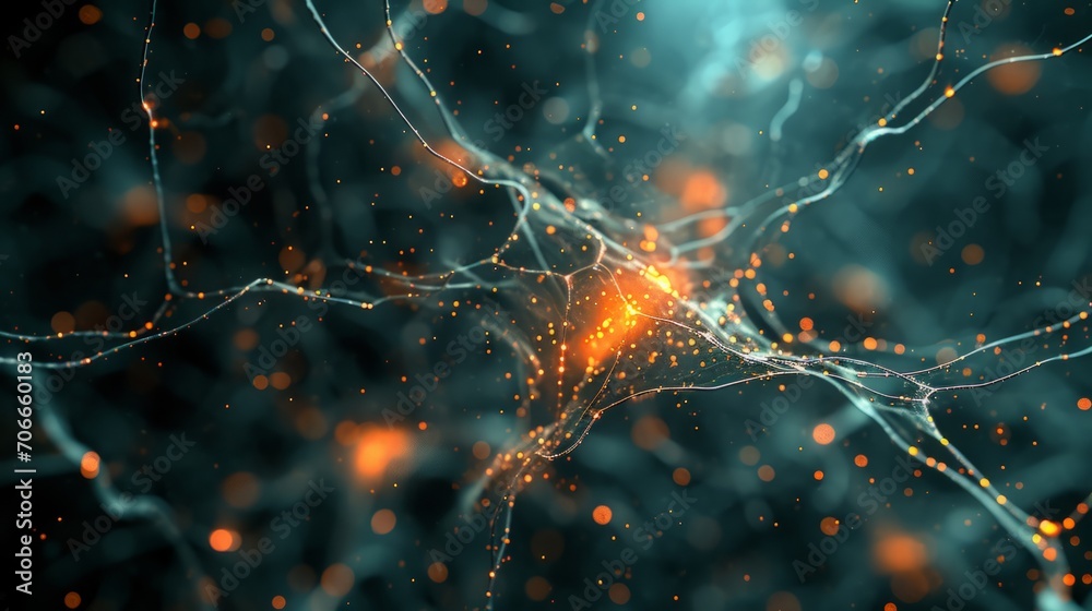 Neurons cells featuring luminescent connections resembling knots ...