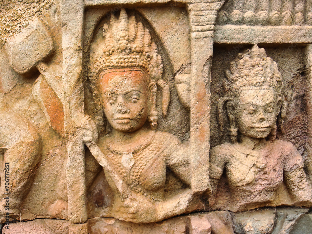 Some architectural details of the fabulous temple of Angkor Wat, the national symbol of Cambodia ...