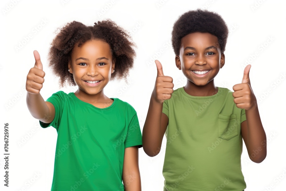 African American boy and girl making thumbs up white background, Black ...