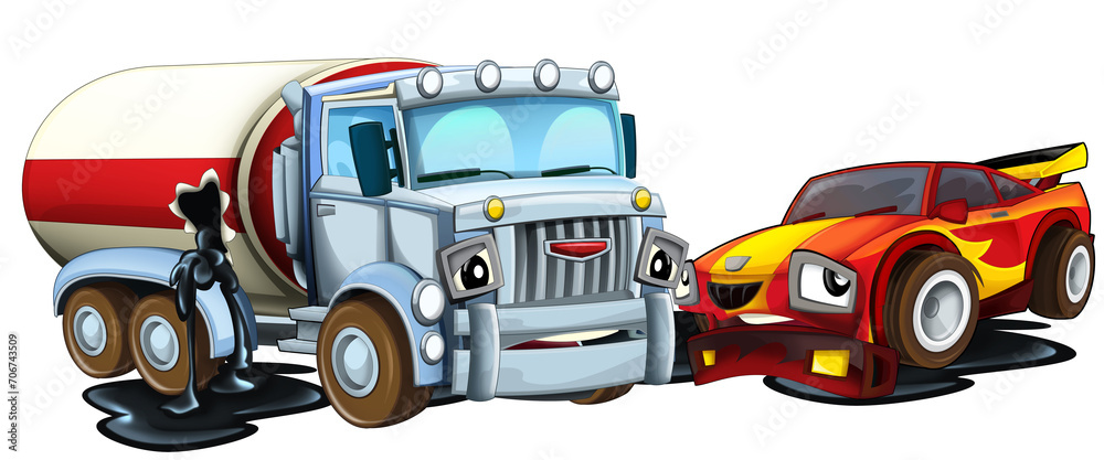 cartoon scene with two cars crashing in accident sports car and ...