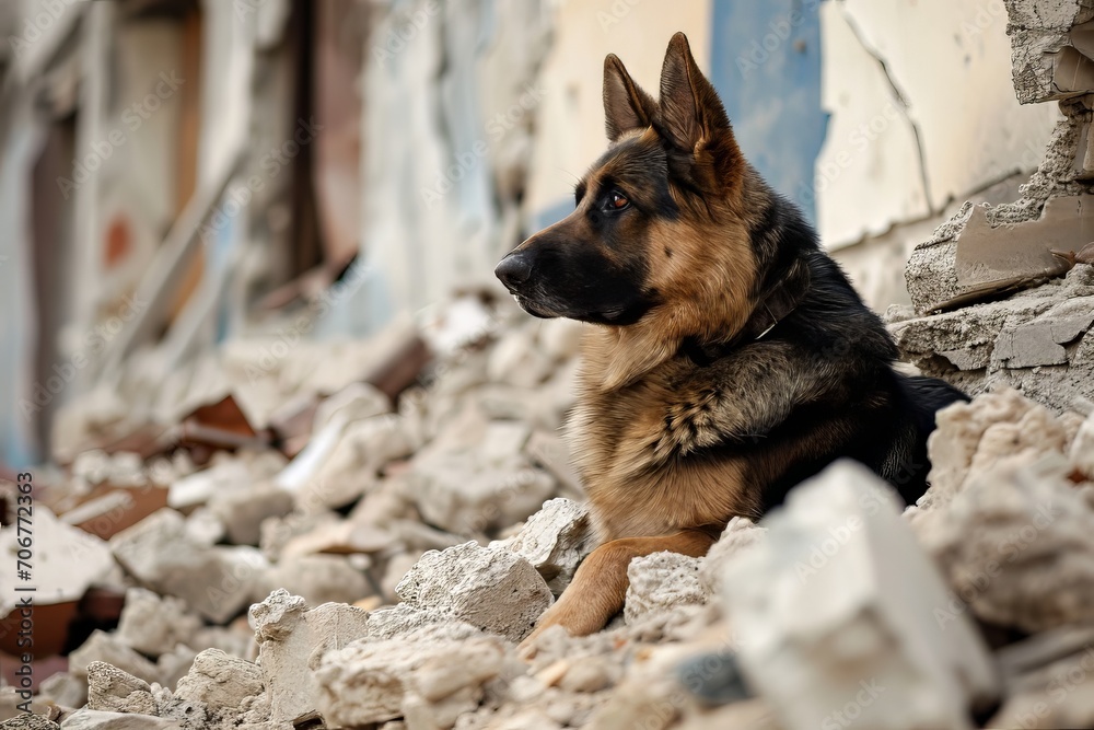 German Shepherd rescues people in building rubble の Stock フォト | Adobe Stock