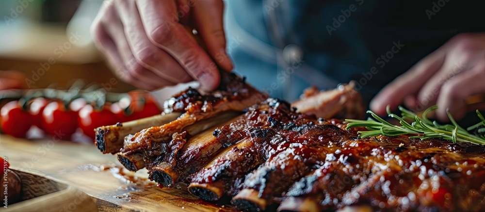 People Eat Food Man Eating Barbecue Ribs In Grill Bar Closeup Male ...