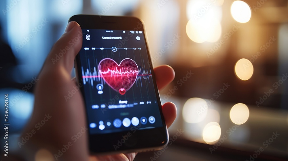 Closeup of a cellphone displaying an app for remote cardiac monitoring ...
