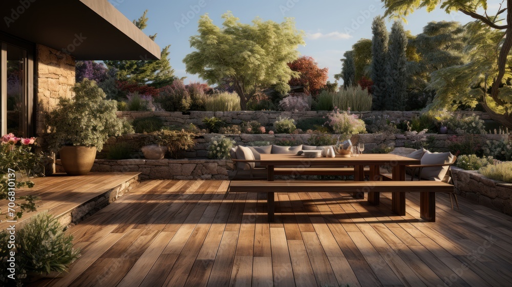 Modern garden and terrace design with wooden floor and grass plants ...