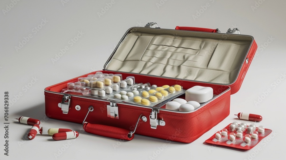 A hyper-realistic first aid kit, open and fully stocked, on a clean ...