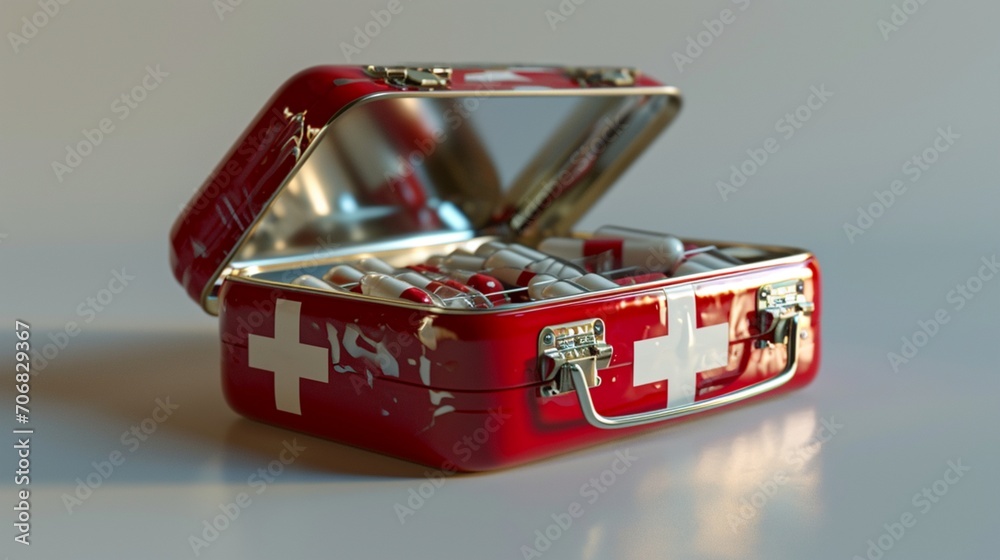 A hyper-realistic first aid kit, open and fully stocked, on a clean ...