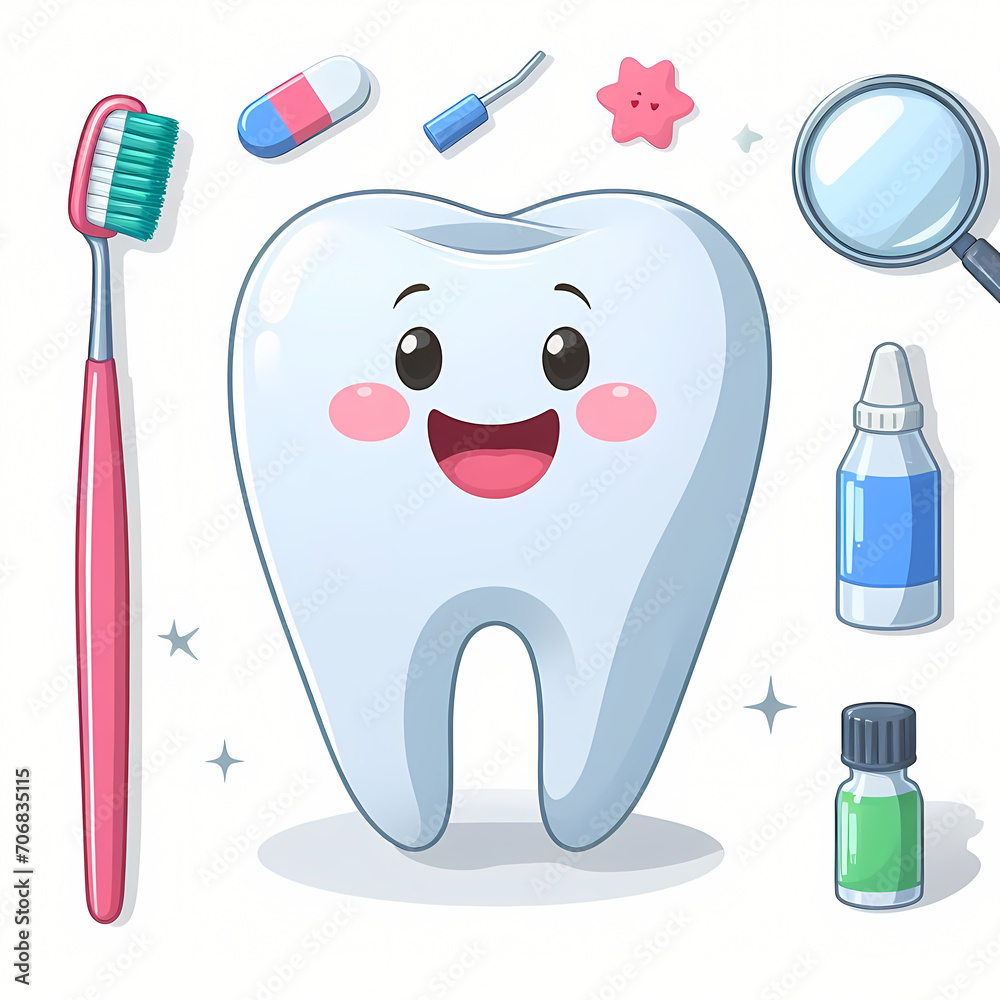 Shiny happy tooth brush elements isolated on white background ...