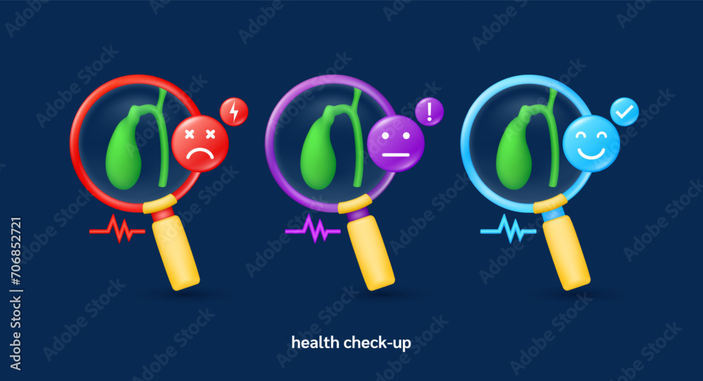 Gallbladder in magnifying glass looking diagnose with icon sadly face ...