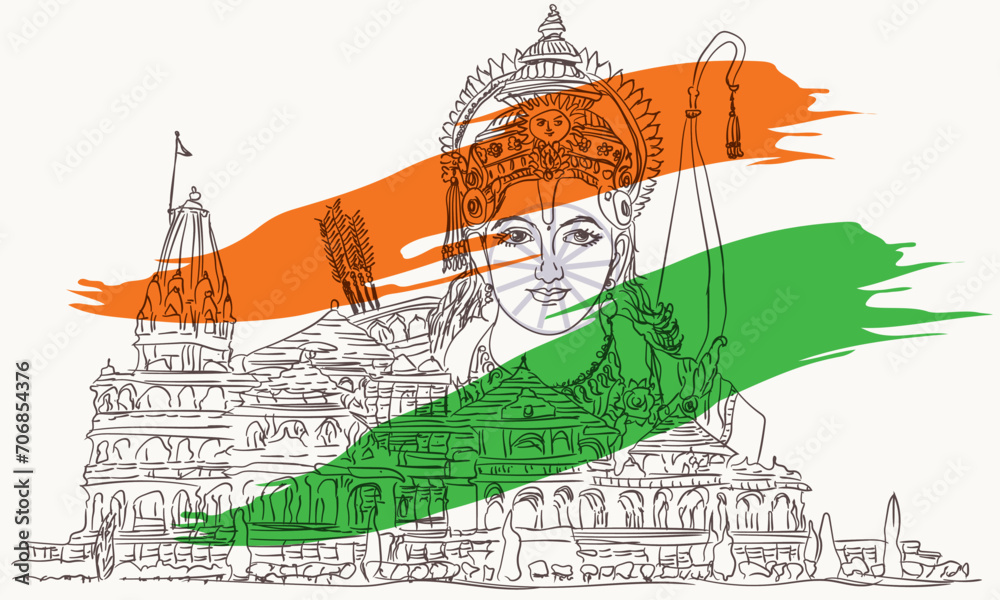 Indian flag or three colors, ayodhya ram mandir with god rama isolated ...