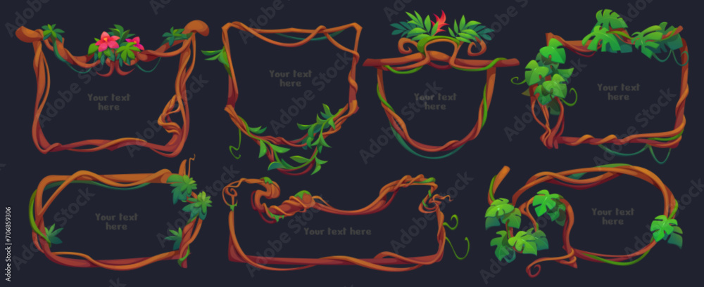 Set of liana branch frames with green leaves, flowers isolated on black ...