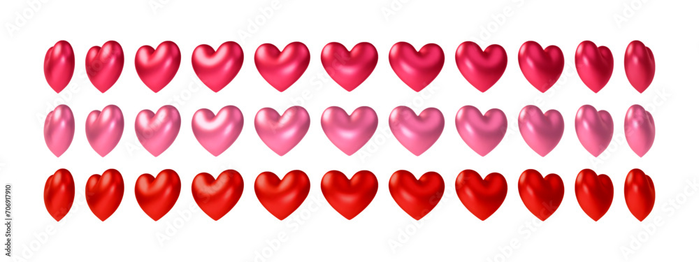 Set of 3d hearts rotation. Realistic vector illustration of shiny gloss ...