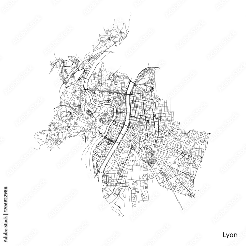 Lyon city map with roads and streets, France. Vector outline ...