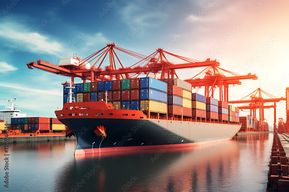 Container ship carrying container boxes import export dock with quay ...