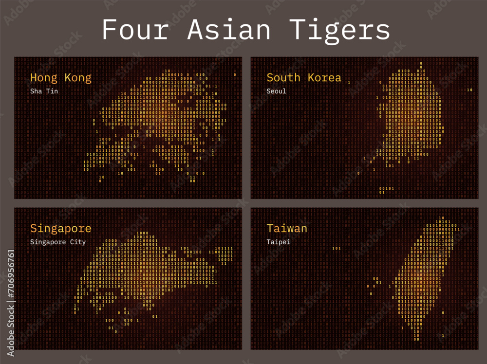 Stock-Vektorgrafik „Four Asian Tigers map set. South Korea, Singapore, Hong Kong and Taiwan ...