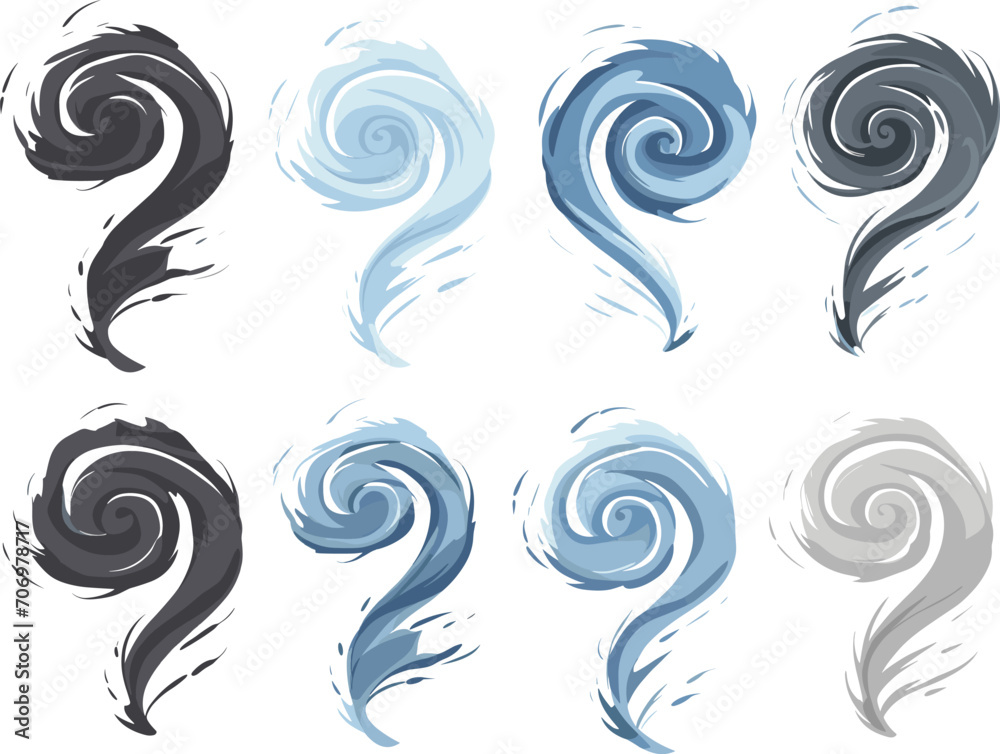 Collection of swirling gusts of wind in different shades of blue and ...