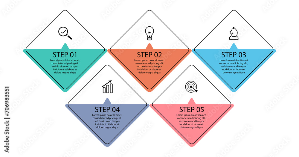 business infographic 5 parts or steps, there are icons, text, numbers ...