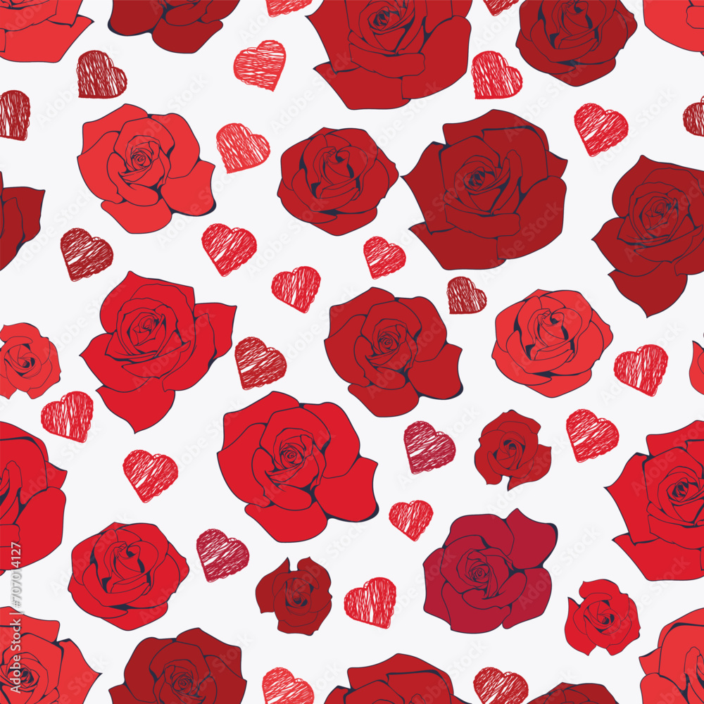 Seamless pattern for Valentine's Day. Bright red roses and small hand ...