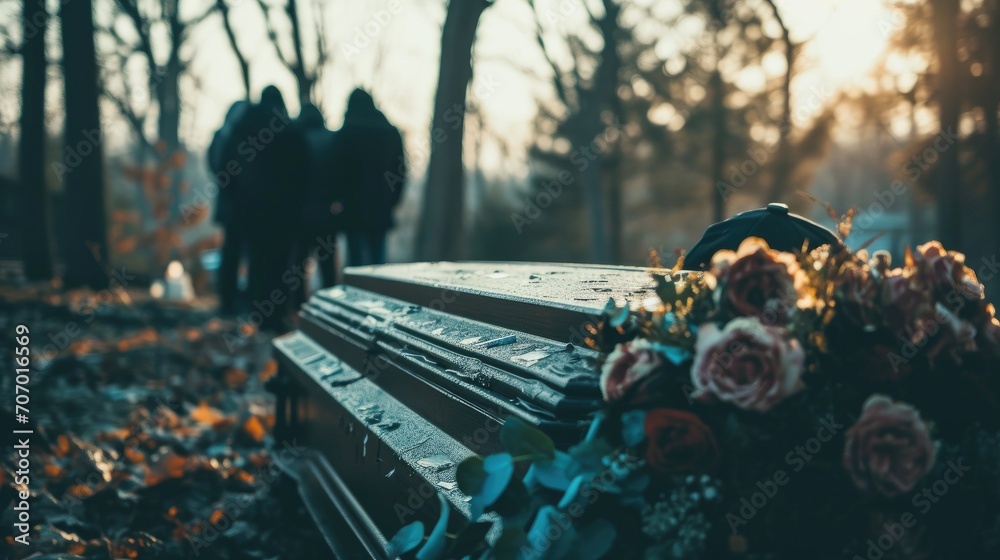 Death, funeral and coffin with family mourning, sad and depressed for ...