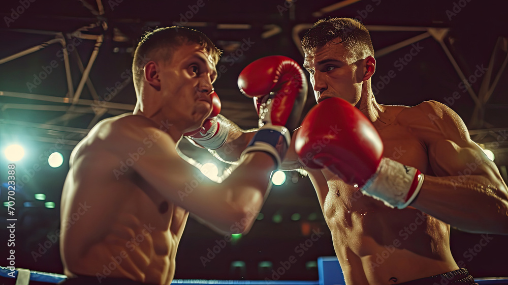 Two young professional boxer having a competition tournament on stage ...