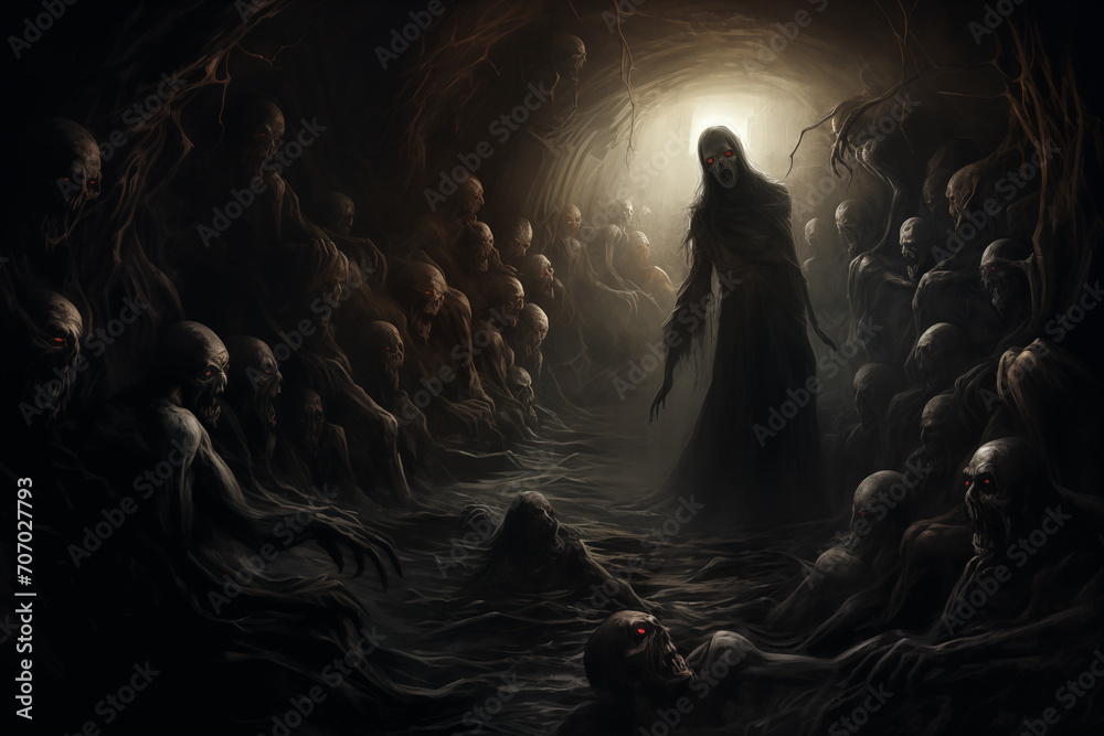 frightening demons with glowing red eyes in hell standing in a long and ...