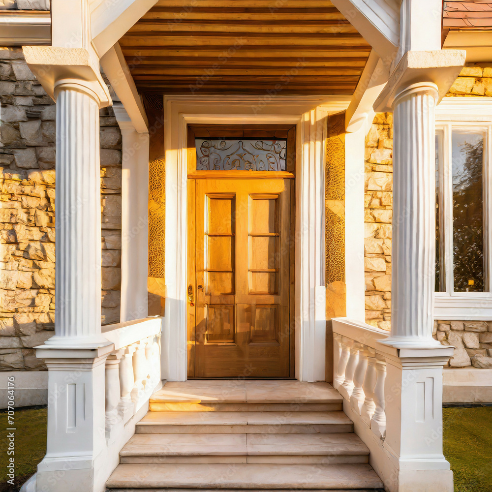 Stock-Foto „Main entrance door in house. Wooden front door with gabled ...