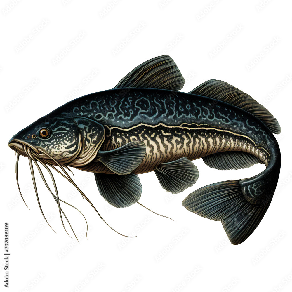 Vintage lithography of Channel Catfish (Ictalurus punctatus), also ...
