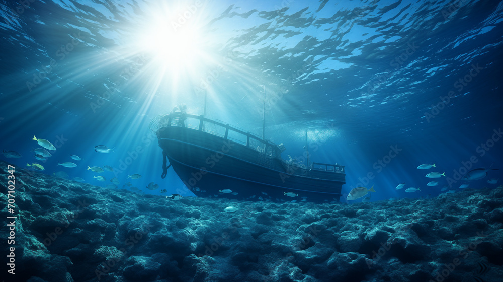 A sunken ship at the bottom of the ocean or sea. wrecked ship ...