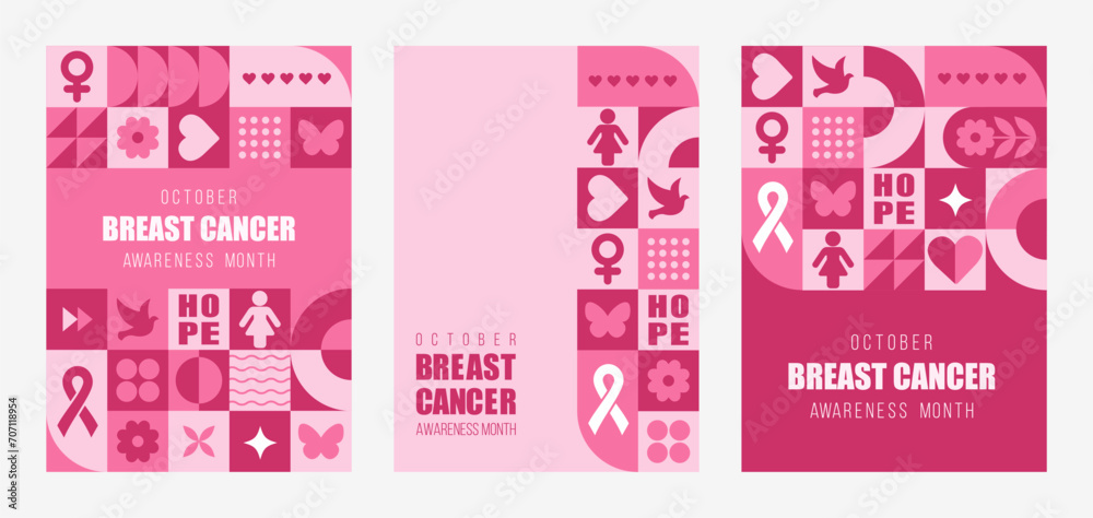 Breast Cancer Awareness Month posters. Set of Neo geometric backgrounds ...