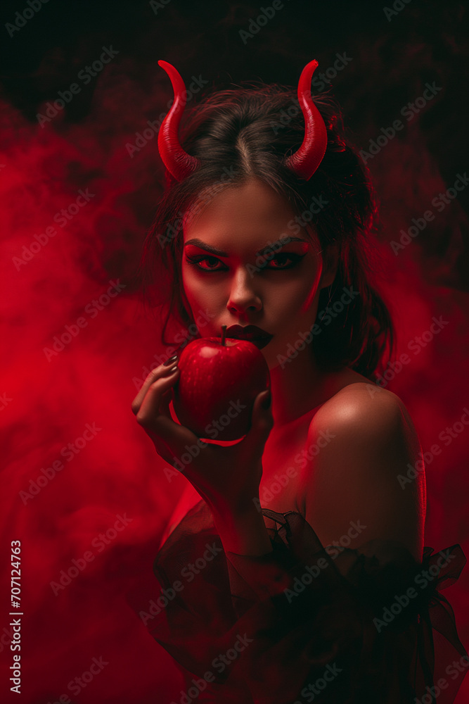 sensual pretty evil female demon holding the apple of temptation. Lust ...