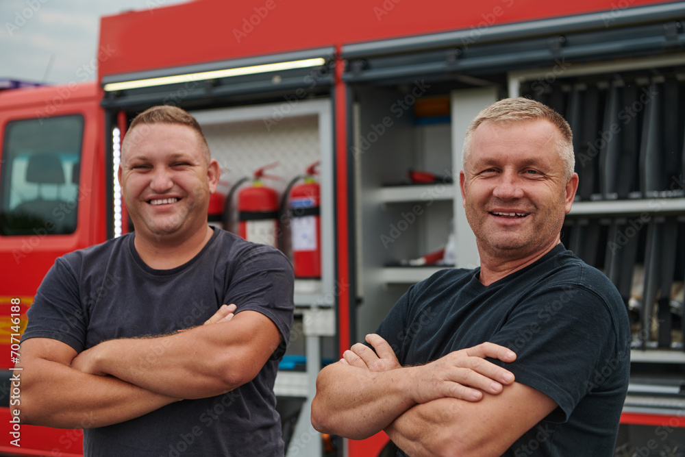 A skilled and dedicated professional firefighting team proudly poses in ...