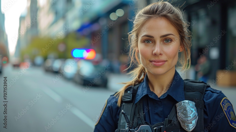 Alert female police officer on duty, representing safety and law ...