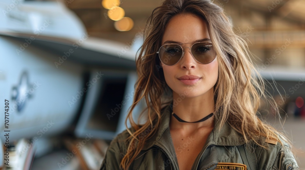 Proud female military officer in front of a fighter jet, representing ...