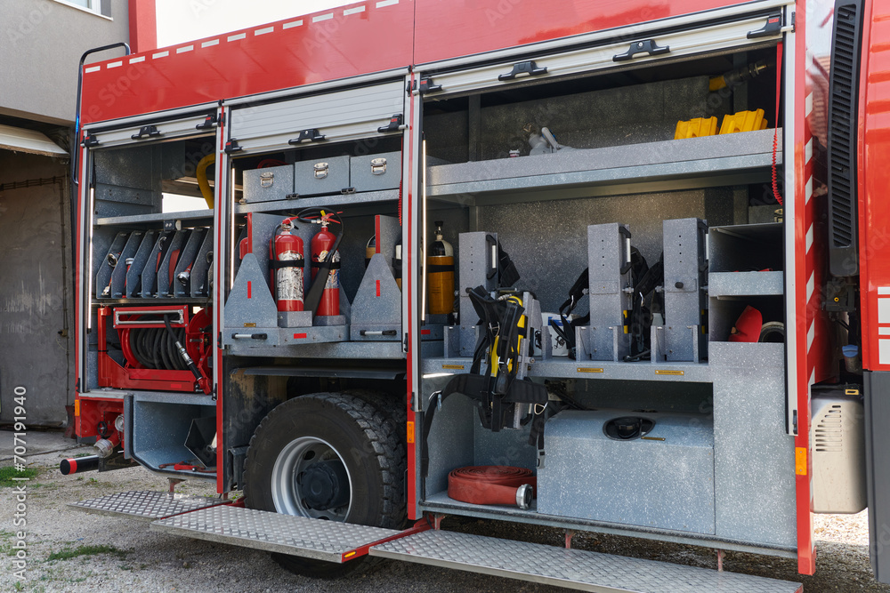 Close-up of essential firefighting equipment on a modern firetruck ...