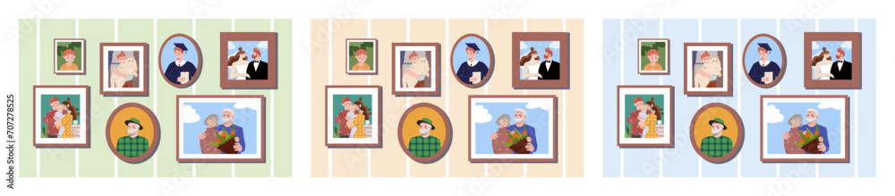 Life photos at wall set. Memories and photographies in different frames ...