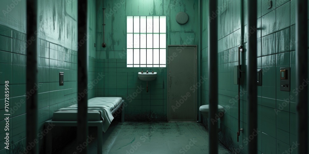 A picture of a jail cell with two beds and a sink. This image can be ...