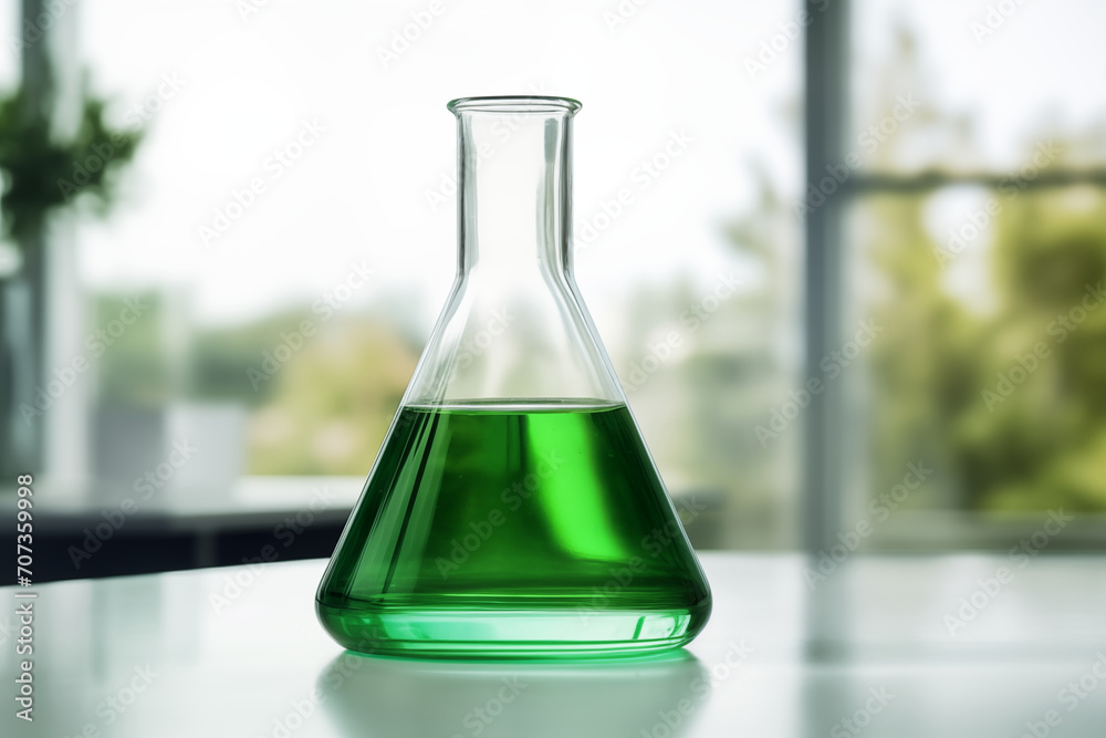 laboratory flask with green liquid, erlenmeyer lying on a white lab ...