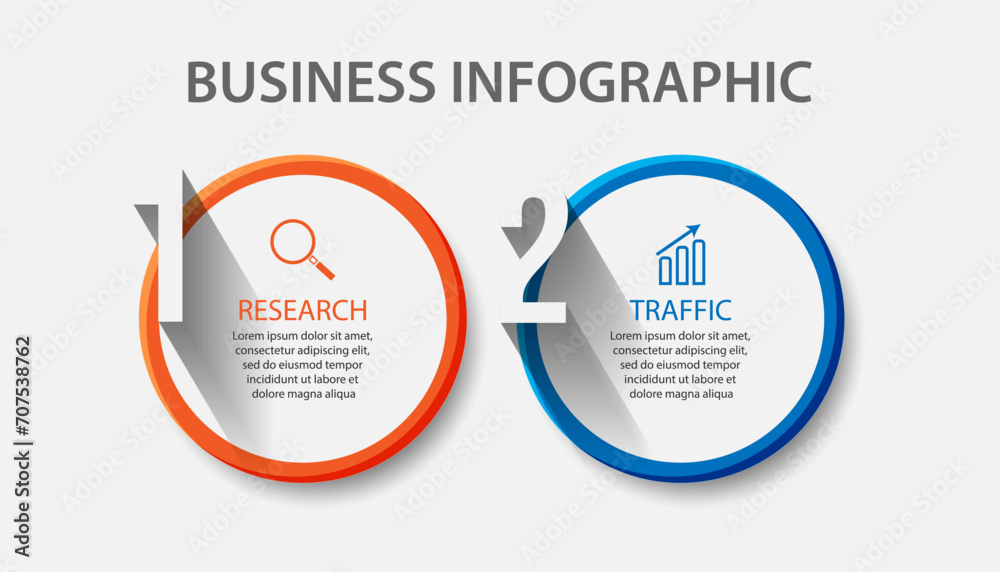 business infographic 2 parts or steps, there are icons, text, numbers ...