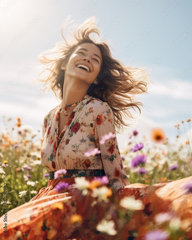 Beautiful woman dancing in a field Stock Photo | Adobe Stock