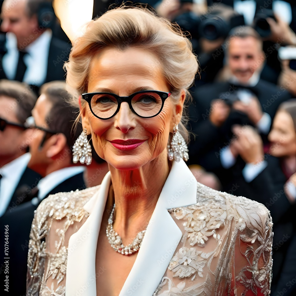 female woman movie star on a red carpet awards event with photographers ...