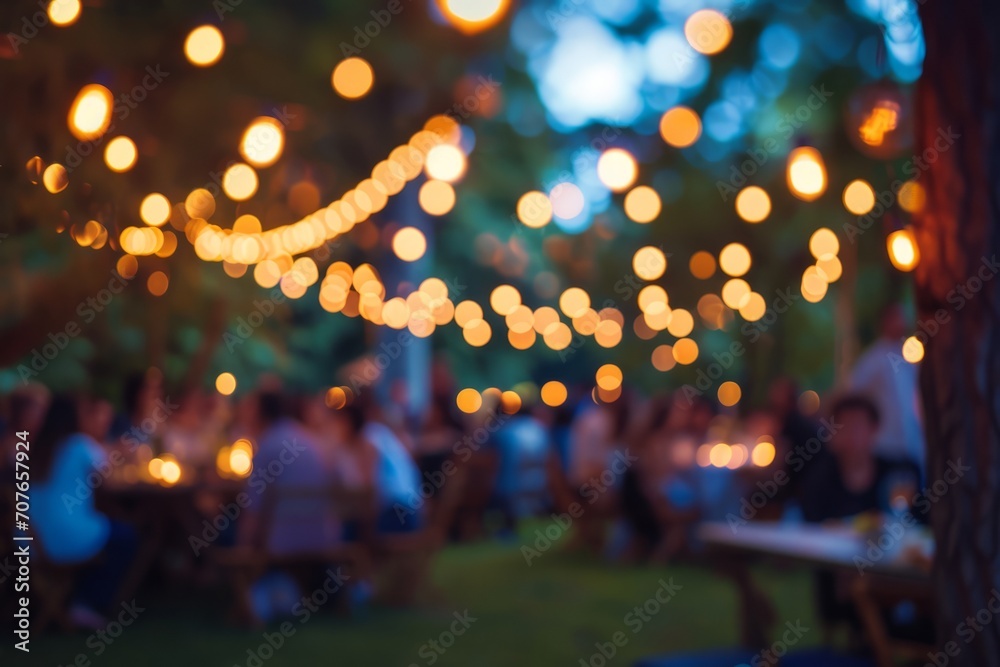 Outdoor party with lamp garlands and many people silhouettes, blurred ...