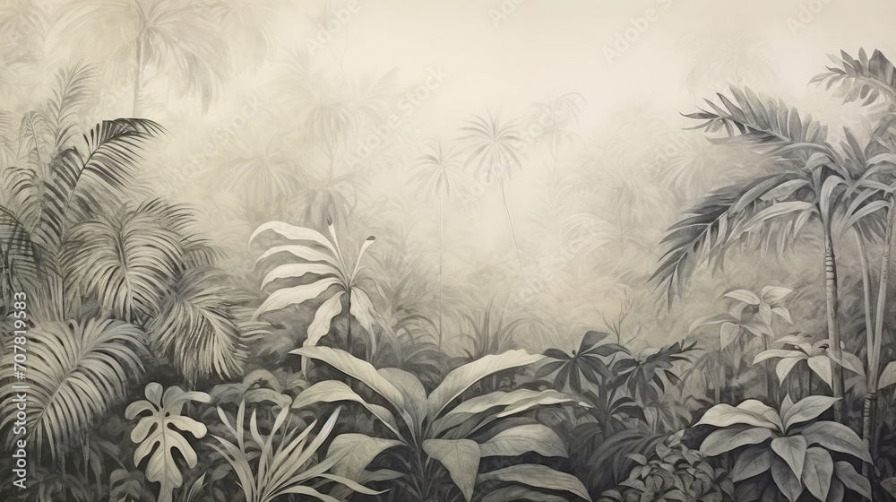 Retro mural photo wallpaper jungle and graceful leaves tropical forest ...