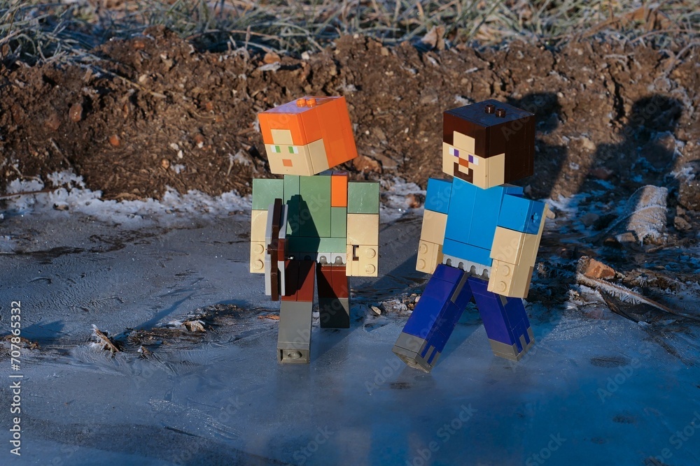 LEGO Minecraft main characters Alex (with iron pickaxe) and smiling ...