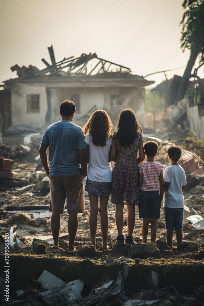 back view of refugee family looking at destroyed home after war ...