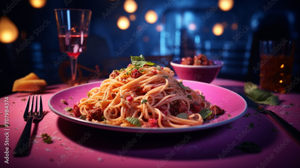 Product photograph of spaghetti on a table in a nigth bar. Dramatic ...