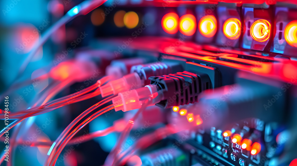Close-up photo of a server patch panel with many ports and wires. Many ...